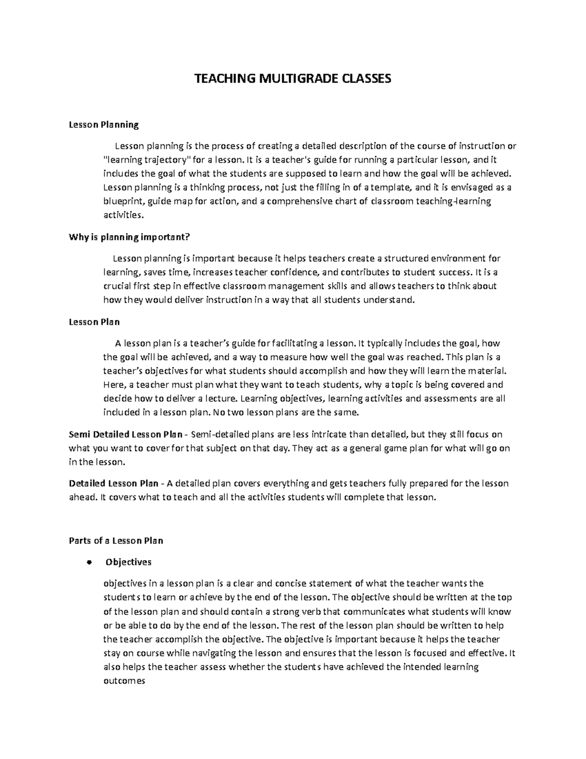 Lesson Planning - TEACHING MULTIGRADE CLASSES Lesson Planning Lesson ...