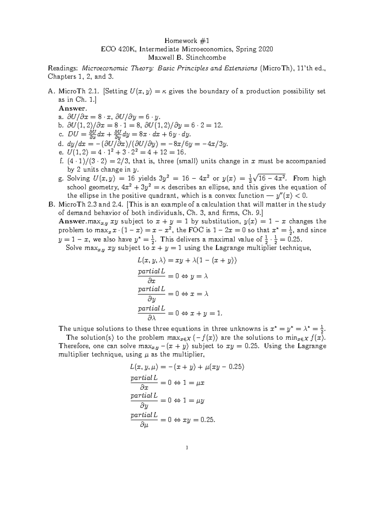 Solns 01 Spring 2020 - HW 1 Solutions - Homework # ECO 420K ...