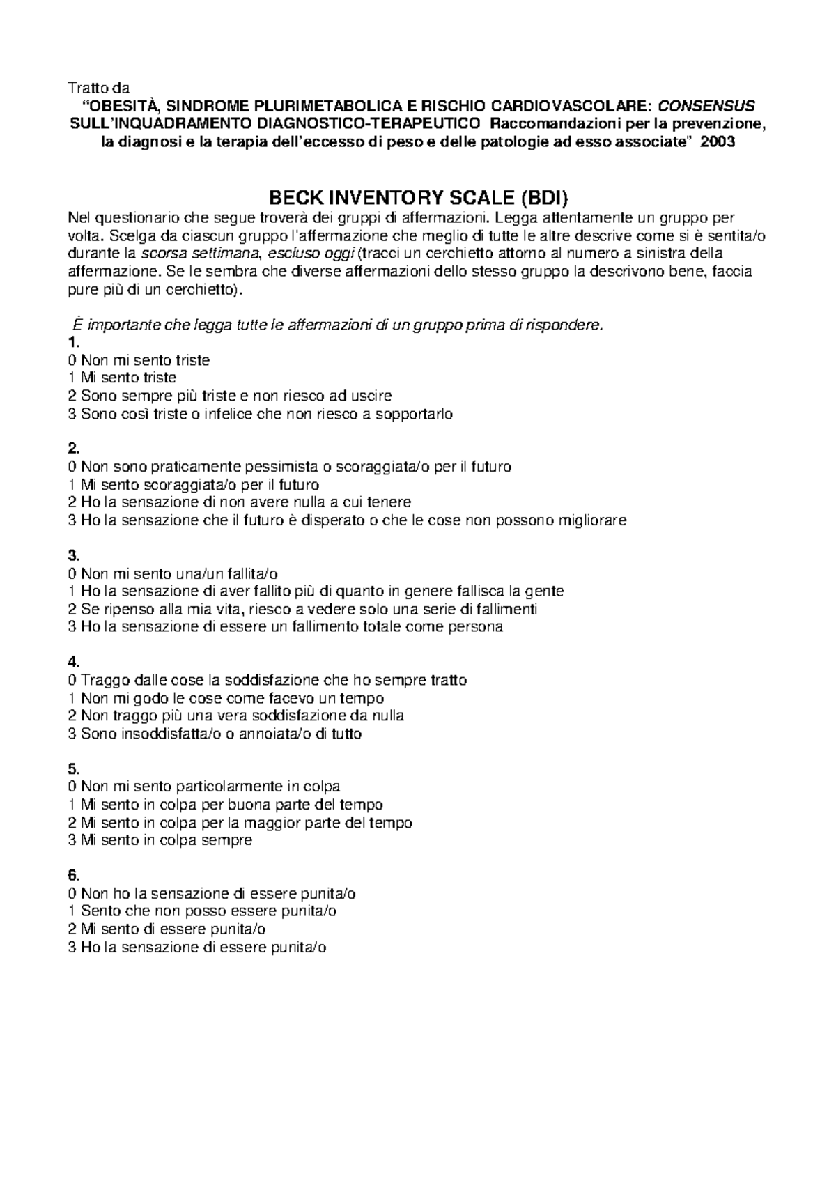 Beck Inventory Scale - Tratto da “OBESITÀ, SINDROME PLURIMETABOLICA E ...
