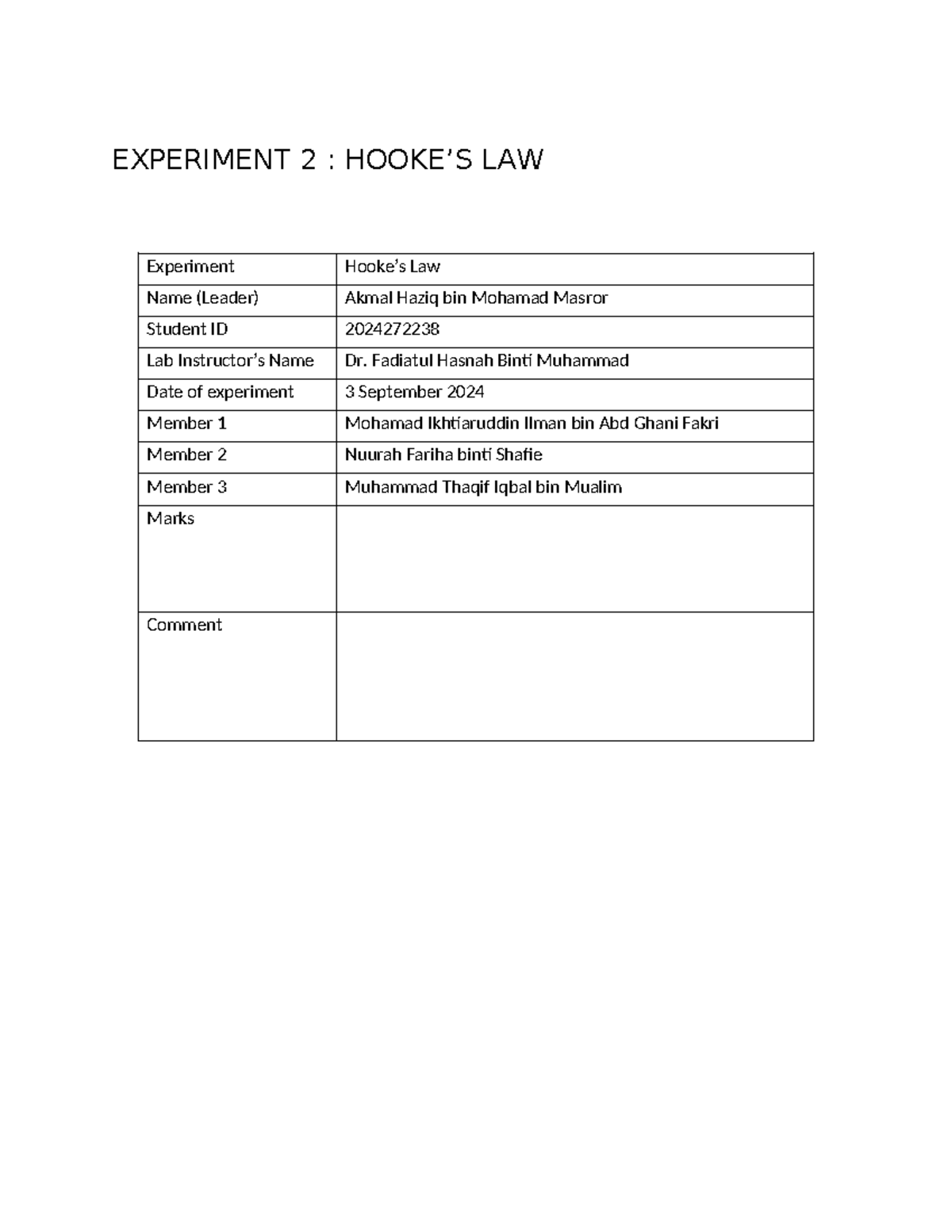 Experiment 2 PHY094 - Hooke's Law - EXPERIMENT 2 : HOOKE’S LAW Experiment Hooke’s Law Name ...