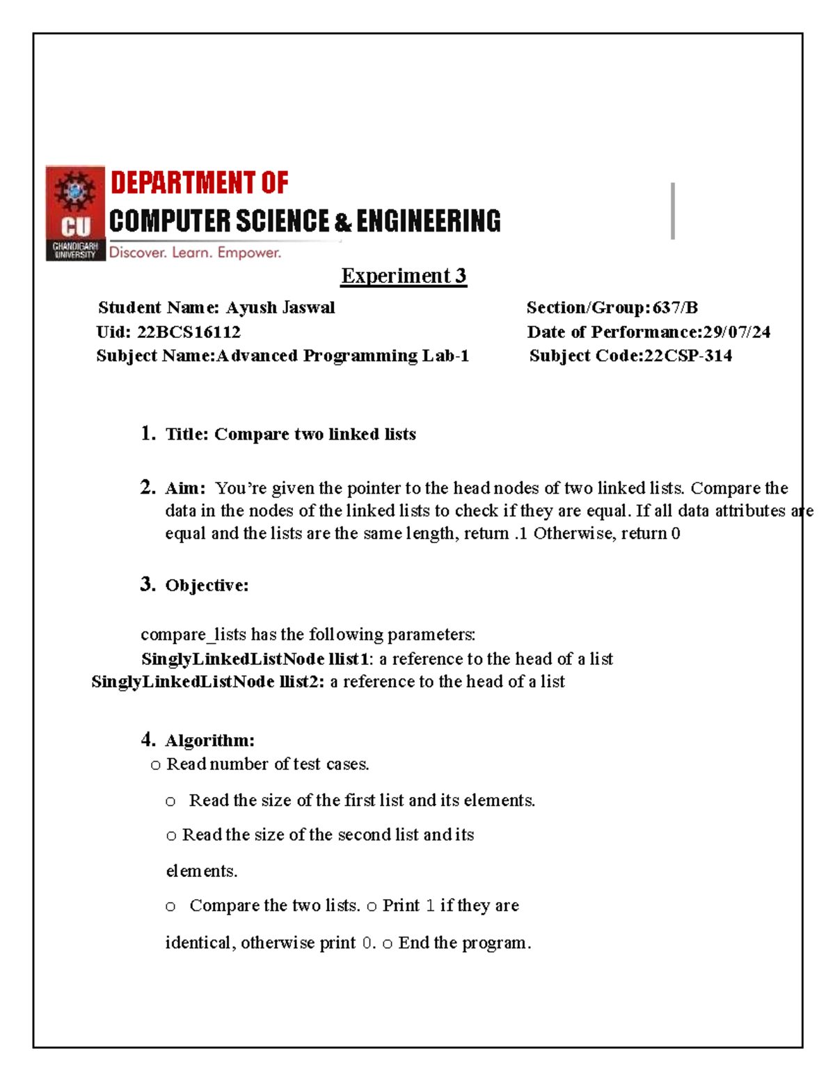Ayush jaswal 3 - Godd - Experiment 3 1. Title: Compare two linked lists 2. Aim: You’re given the ...