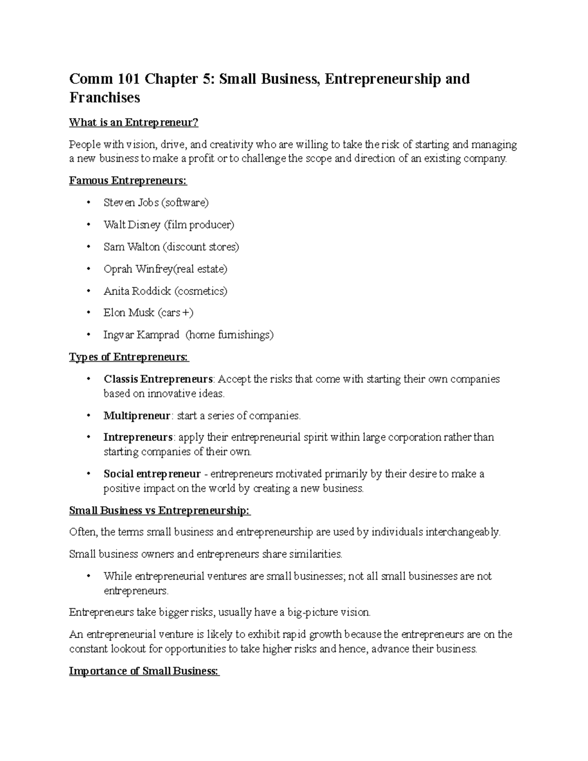 COMM 101 Chapter 5 Notes - Comm 101 Chapter 5: Small Business ...