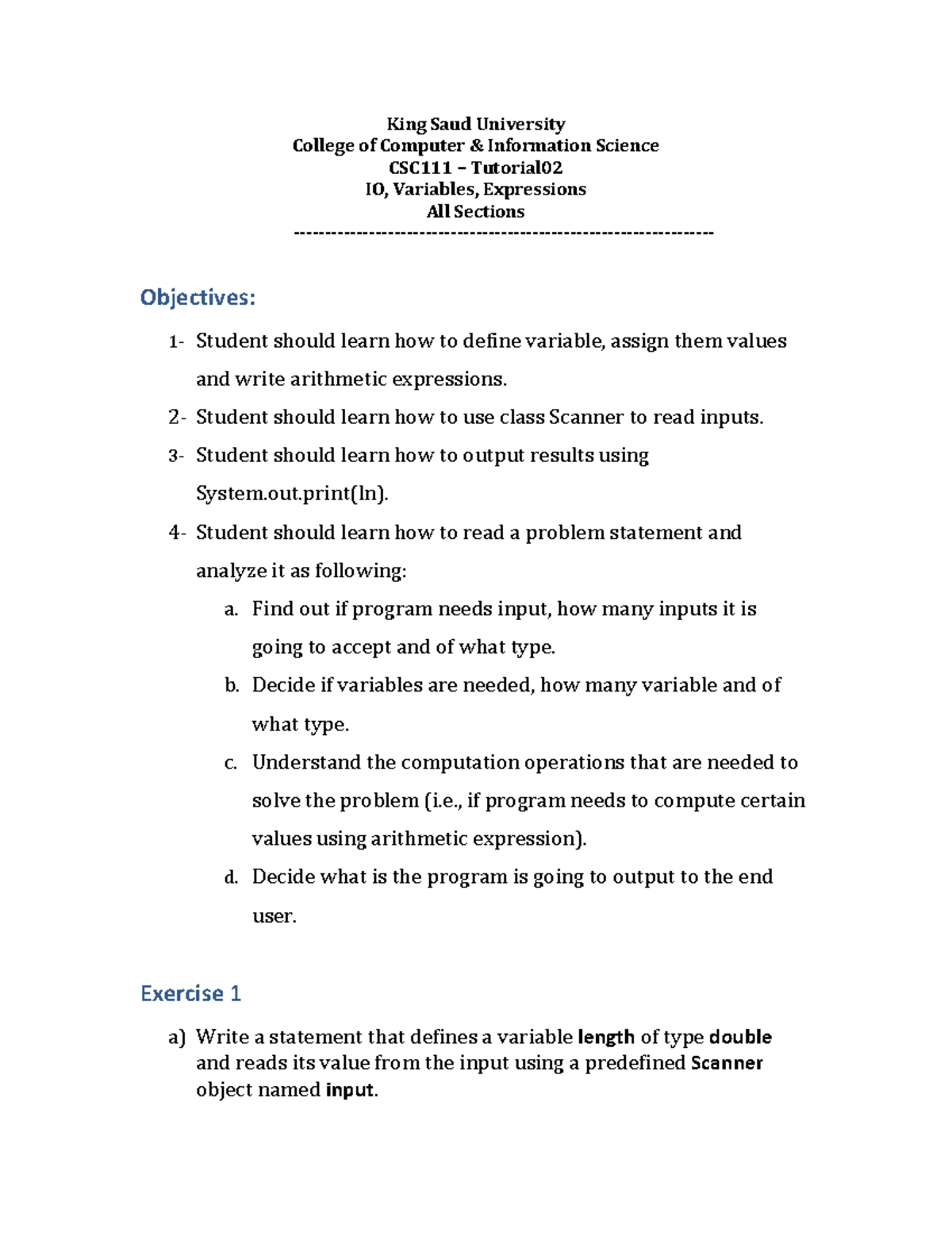 Tutorial 02 - Hello - King Saud University College of Computer & Information Science CSC111 ...
