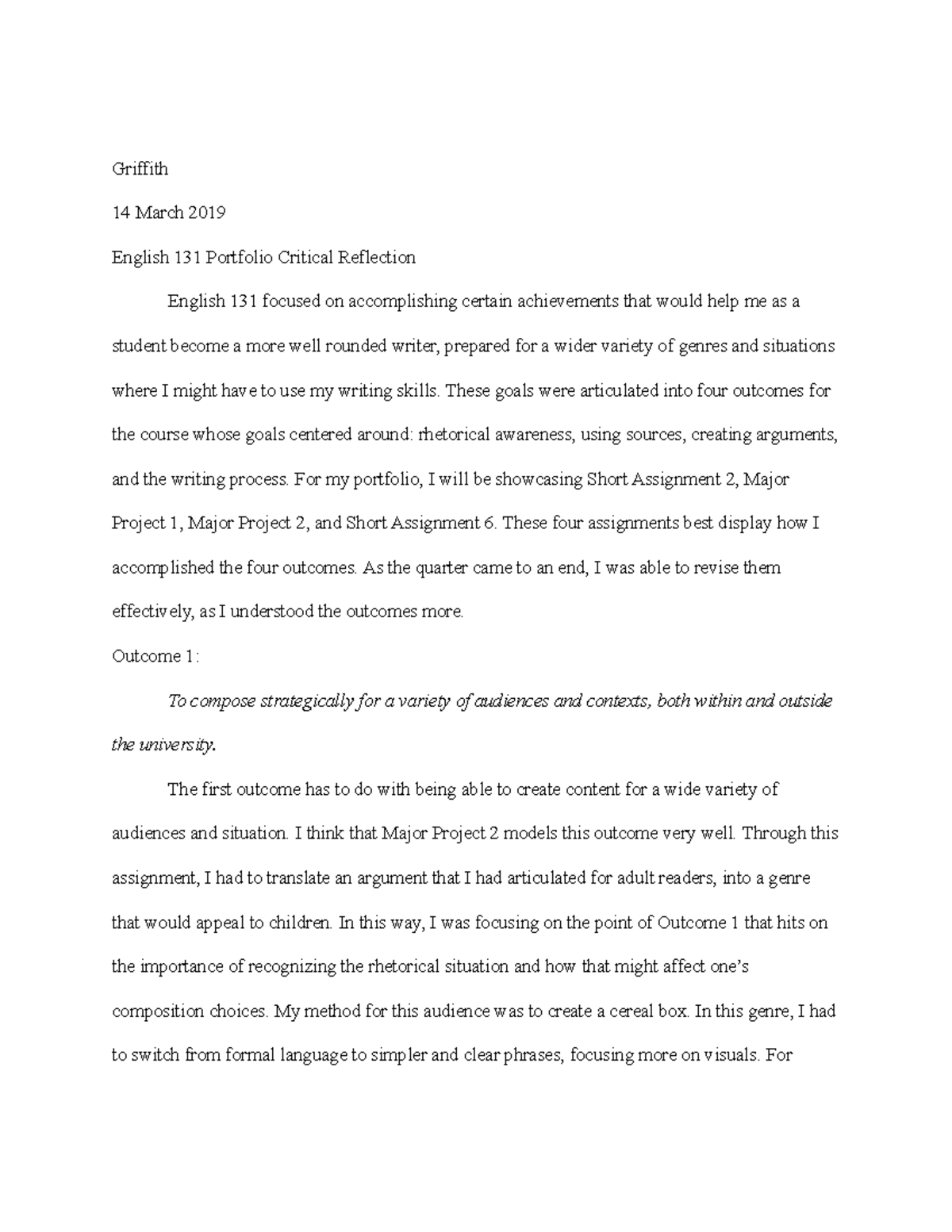 English 131 Critical Reflection - Griffith 14 March 2019 English 131 ...