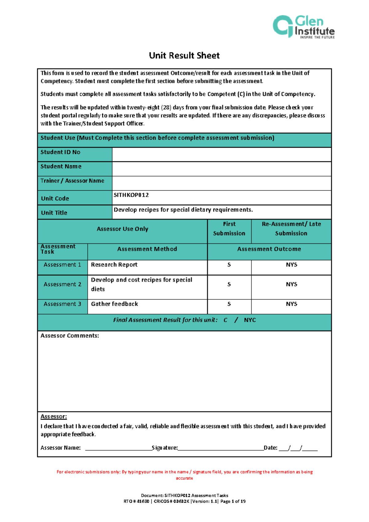 Sithkop 012 Assessment V1 - Document: SITHKOP012 Assessment Tasks Unit ...