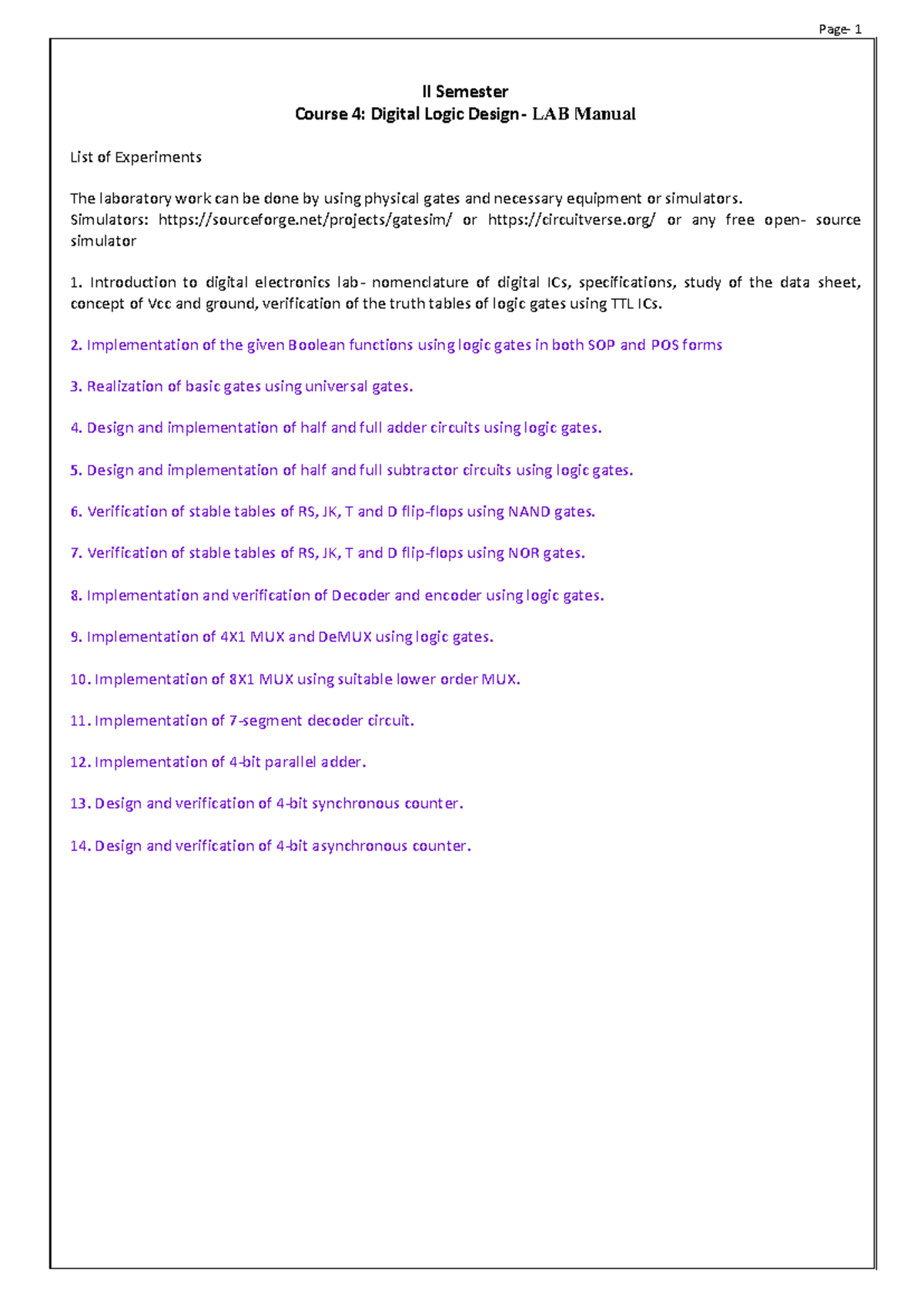 DLD labs1 - Page- 1 II Semester Course 4: Digital Logic Design- LAB ...