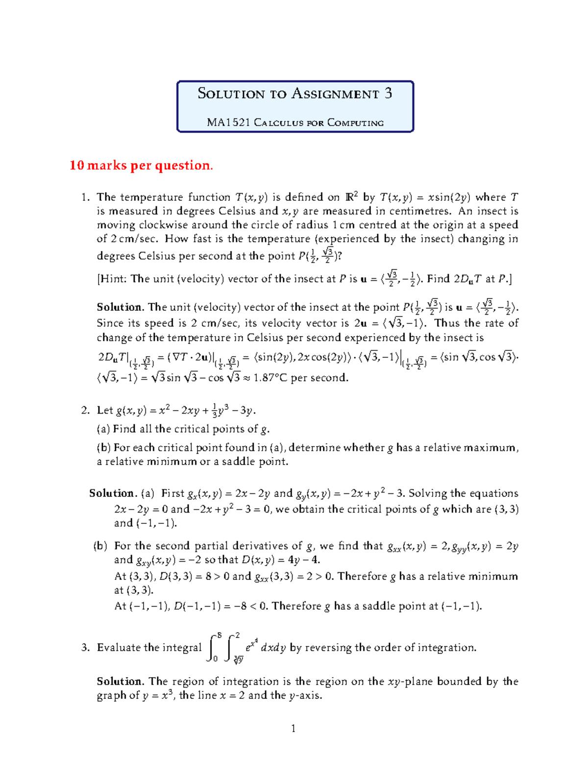 Assignment 3 Solution - Solution to Assignment 3 MA1521 Calculus for Computing 10 marks per ...