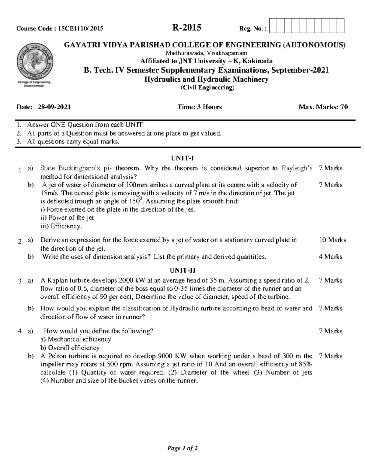 28092021 HHM QP paper SET 1 - Course Code : 15CE1110/ 2015 R-2015 Reg ...