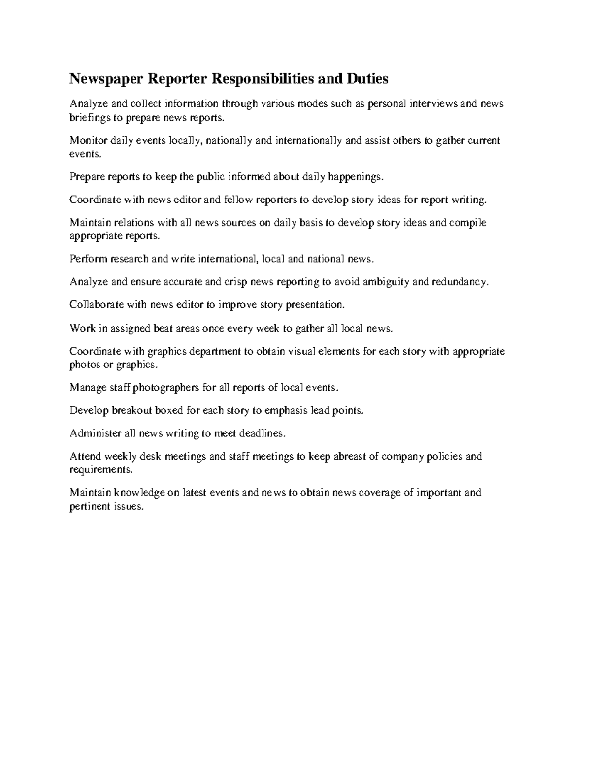 Newspaper Reporter Responsibilities and Duties - Monitor daily events ...