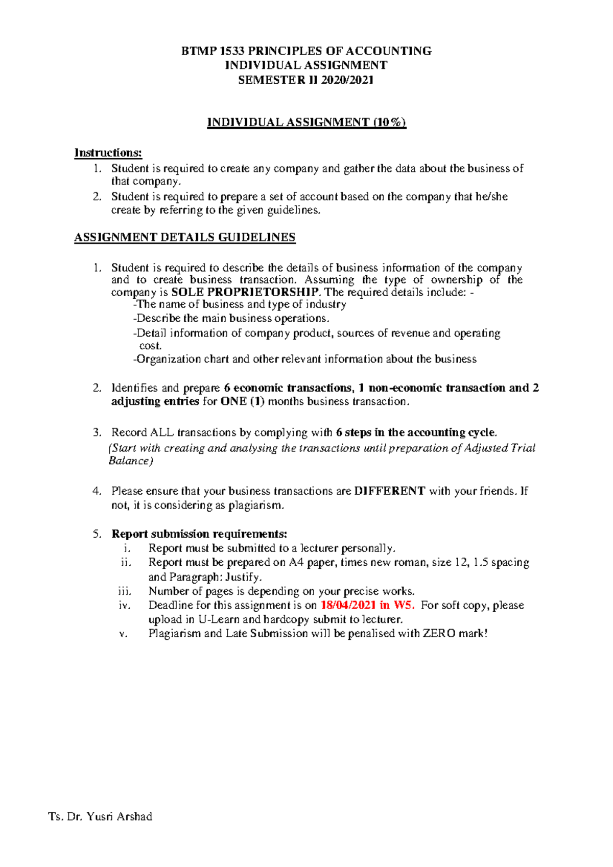 BTMP 1533 Individual Assgnt - BTMP 1533 PRINCIPLES OF ACCOUNTING ...