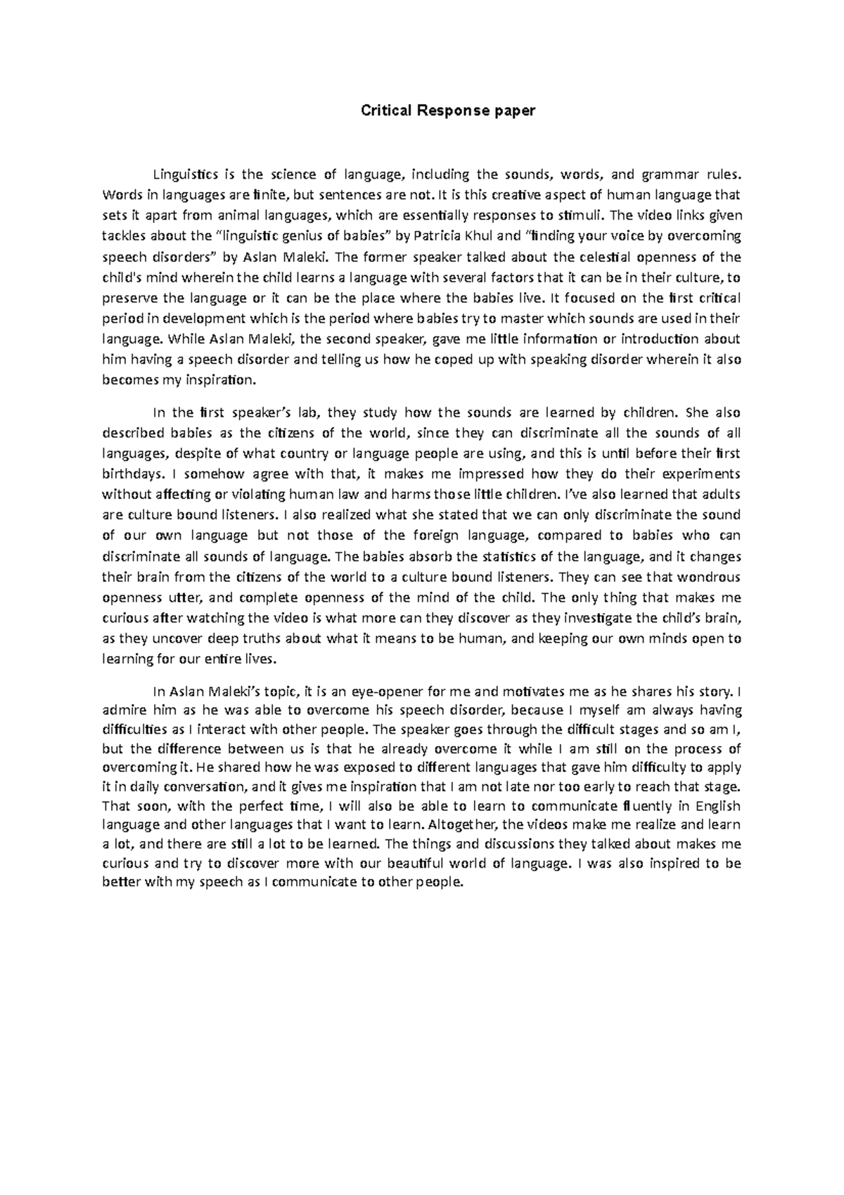 Edeng 100 Prelim#1 - hakdogs - Critical Response paper Linguistics is ...