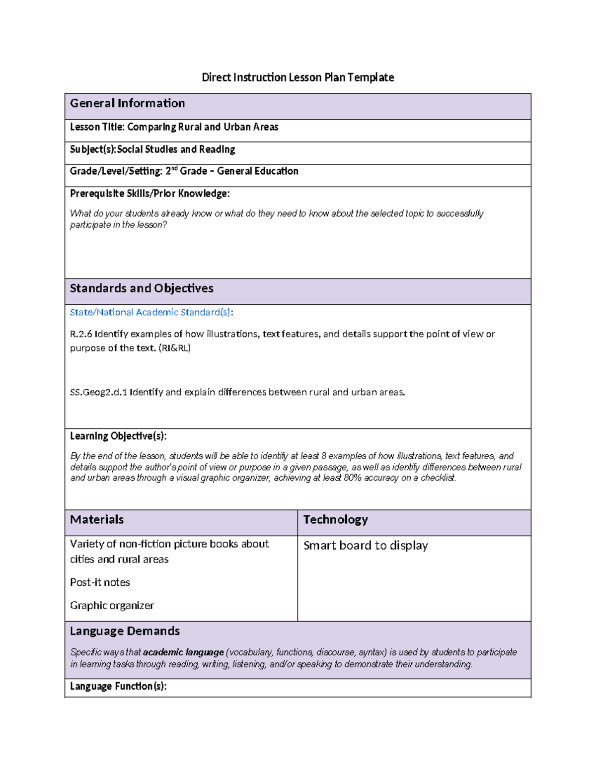 Task 1 Disciplinary Literacy - Direct Instruction Lesson Plan Template ...
