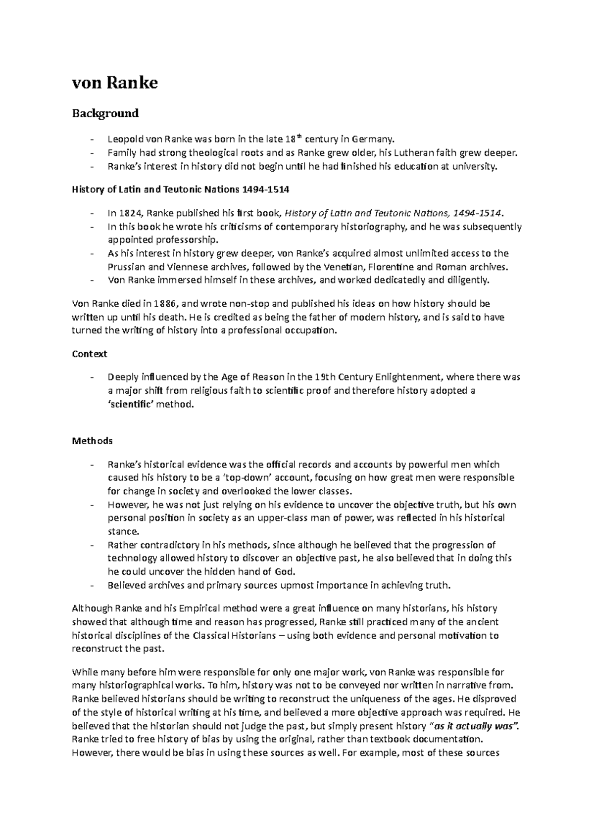 History Extension Notes - Von Ranke - von Ranke Background Leopold von ...