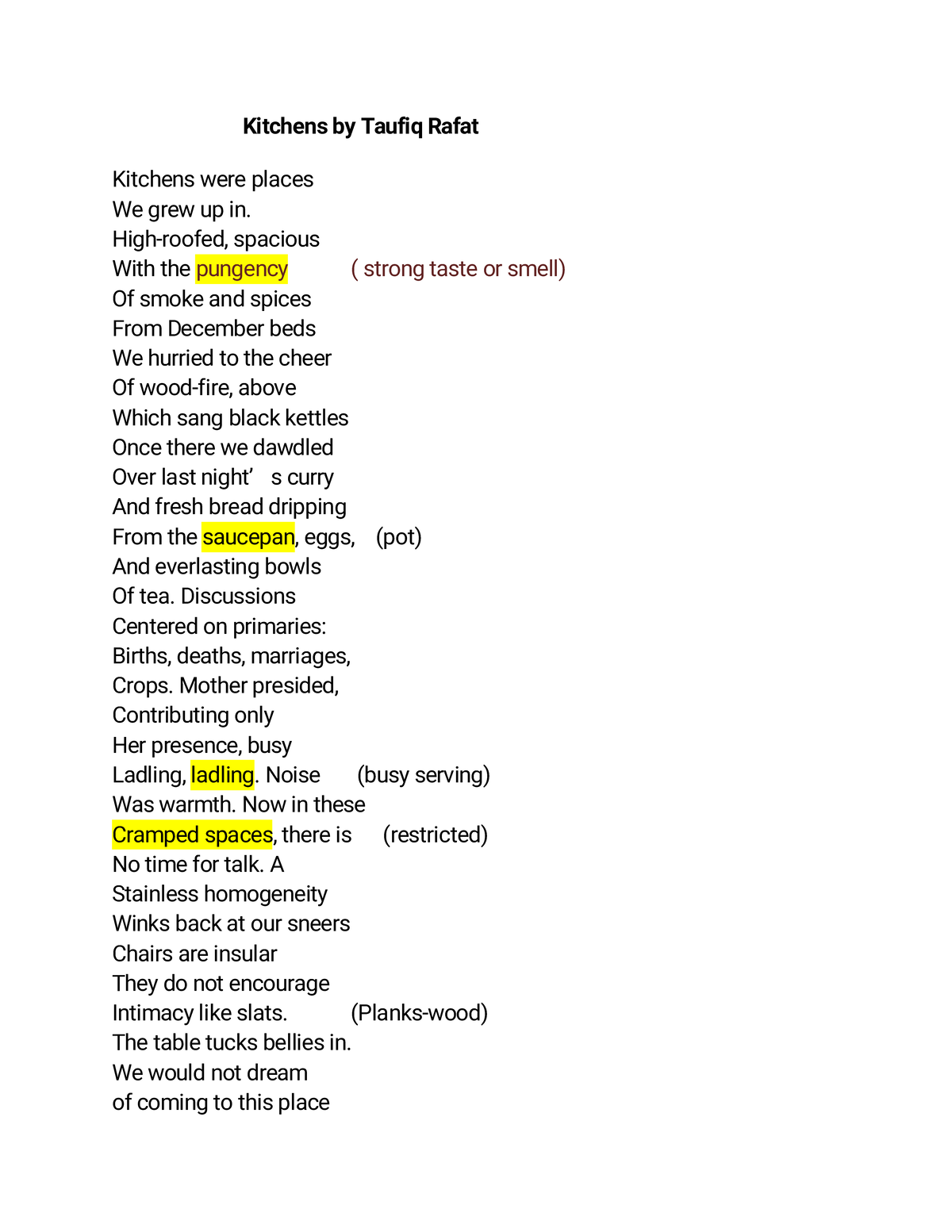 19 poems - notes - Kitchens by Taufiq Rafat Kitchens were places We ...