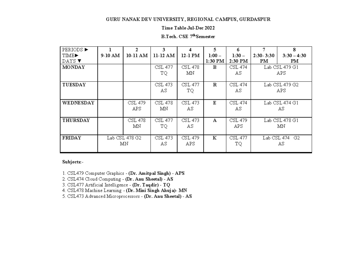 Time table B. Tech.7th Sem - GURU NANAK DEV UNIVERSITY, REGIONAL CAMPUS, GURDASPUR Time Table ...