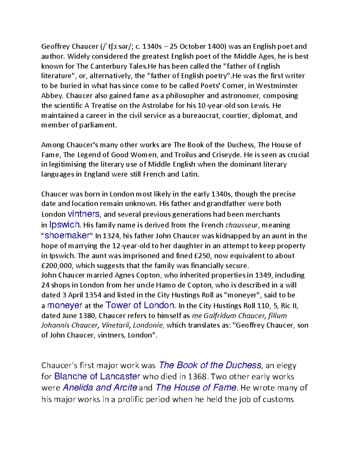 Geoffrey Chaucer - textbook - Geoffrey Chaucer (/ˈtʃɔːsər/; c. 1340s ...