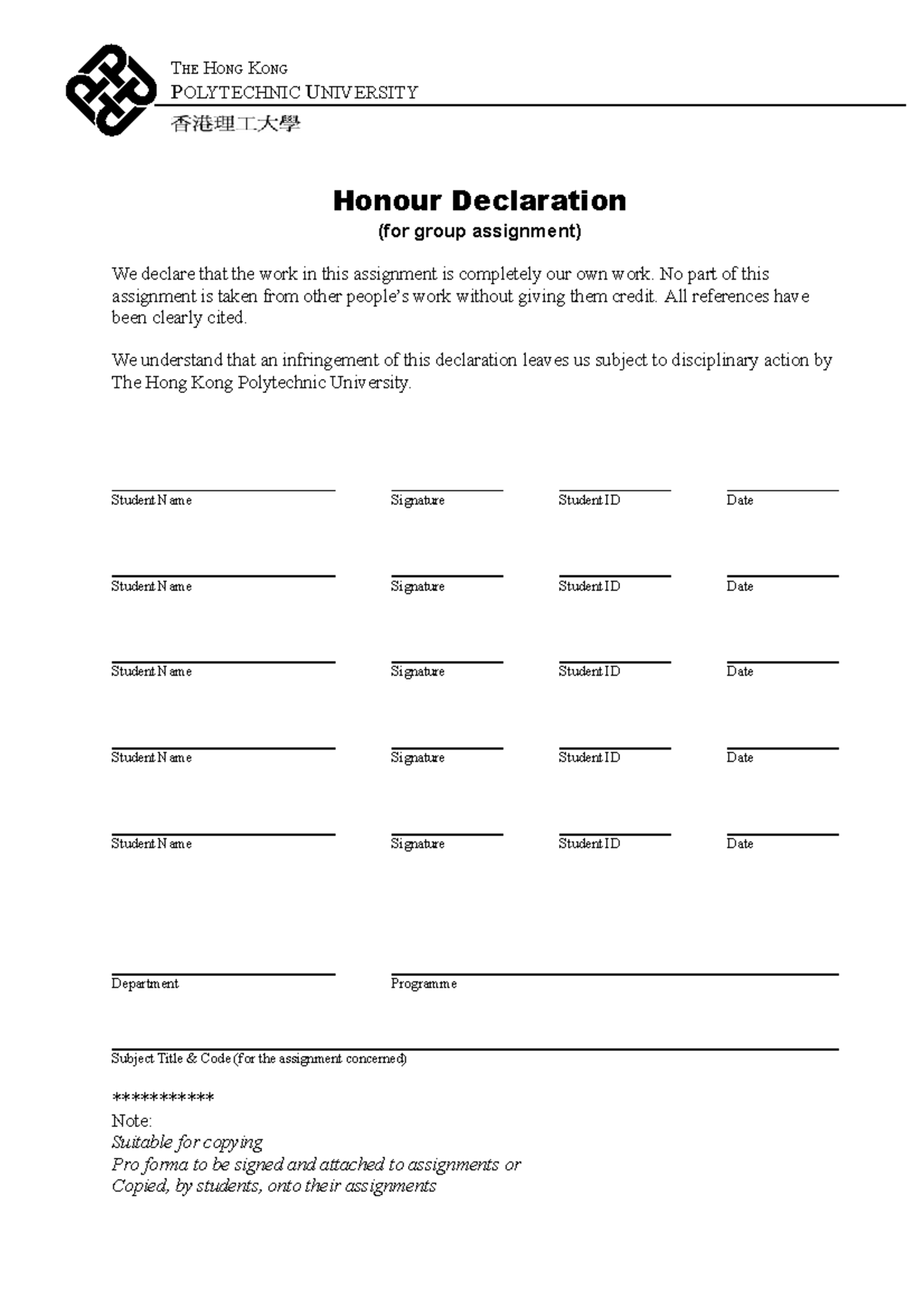 Honour Declaration Forms group - TPHE OLYTECHNIC HONG KONG UNIVERSITY ...
