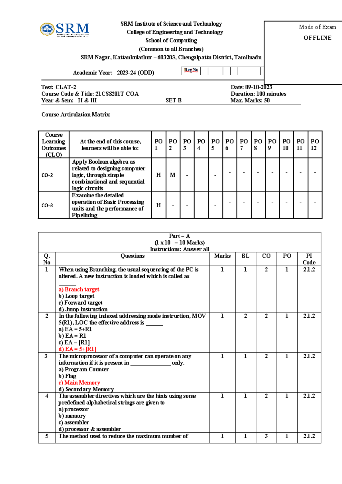 Coa pyq1 - This question paper contains question from unit 2 and 3 of ...