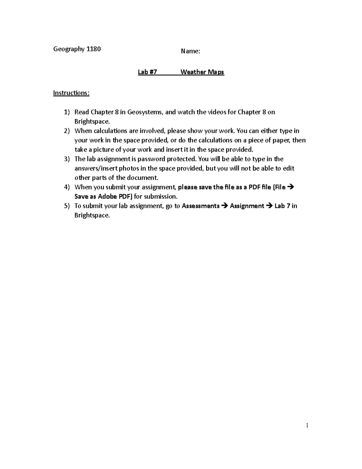 G1180 Lab 7 - 1111 - Geography 1180 Name: Lab #7 Weather Maps ...