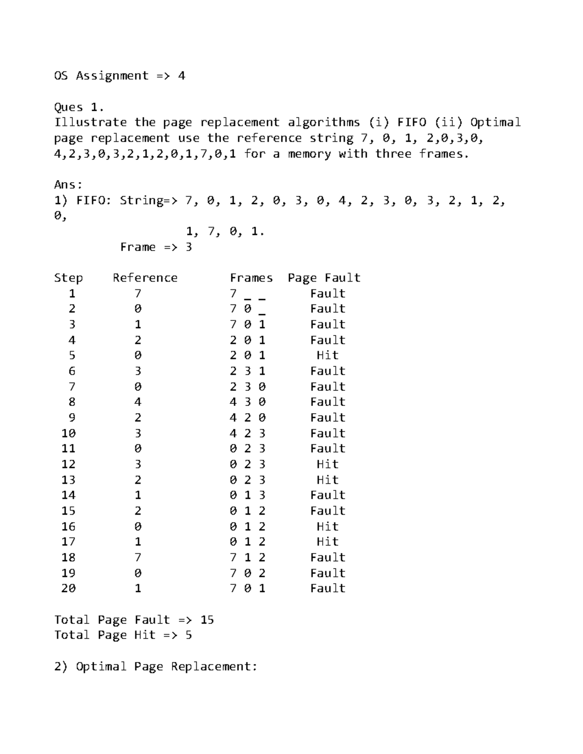 Os4 - Assignment - OS Assignment => 4 Ques 1. Illustrate the page replacement algorithms (i ...