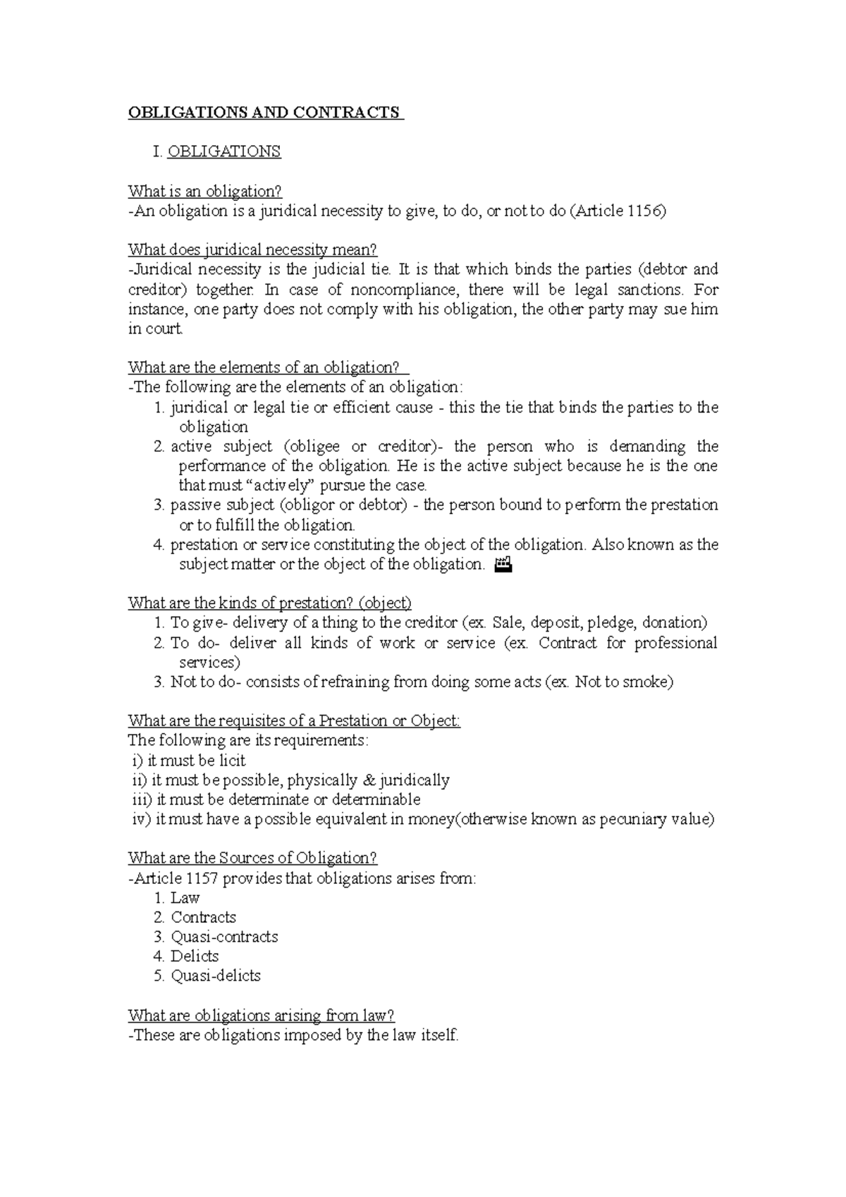 Handout-for-Obligations - OBLIGATIONS AND CONTRACTS I. OBLIGATIONS What ...