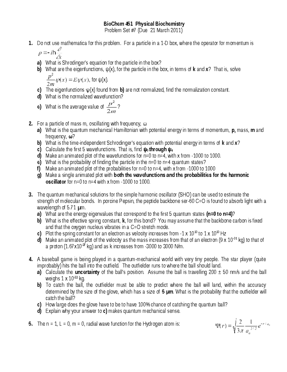 PS7 2011 - Mathematica-based homework and key - BioChem 451 Physical Biochemistry Problem Set #7 ...