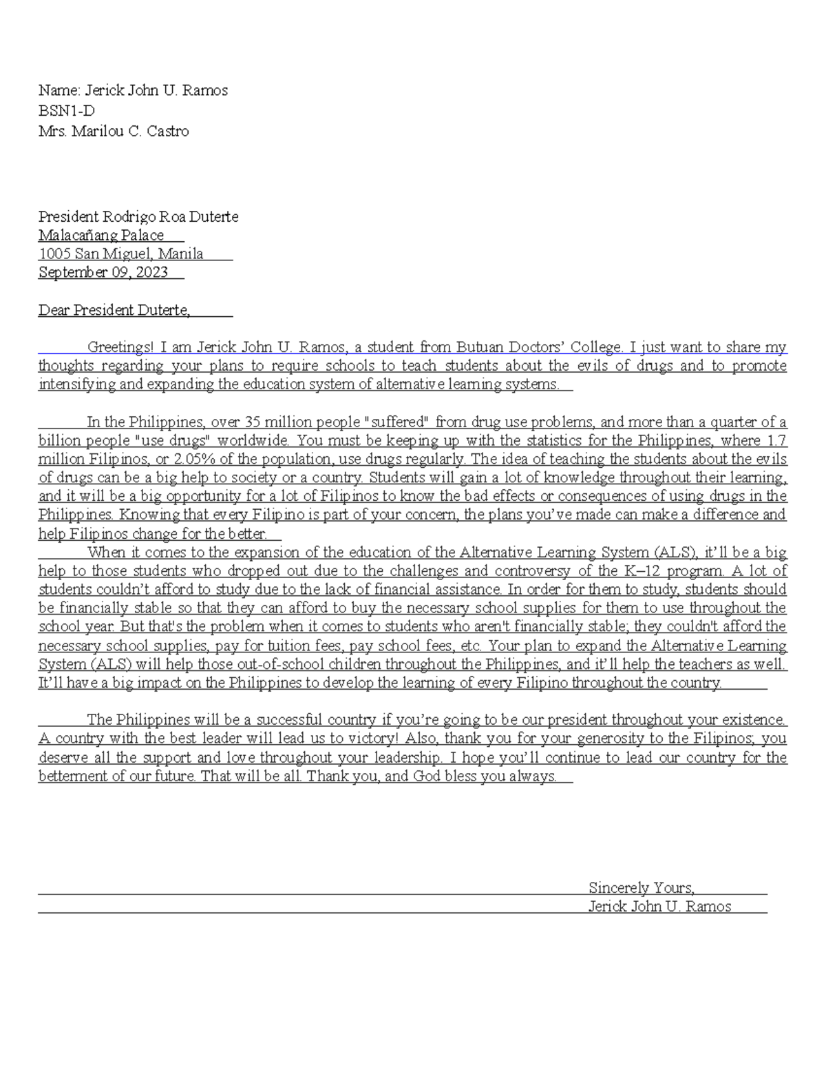 Personal-Letter-Ramos - Name: Jerick John U. Ramos BSN1-D Mrs. Marilou ...