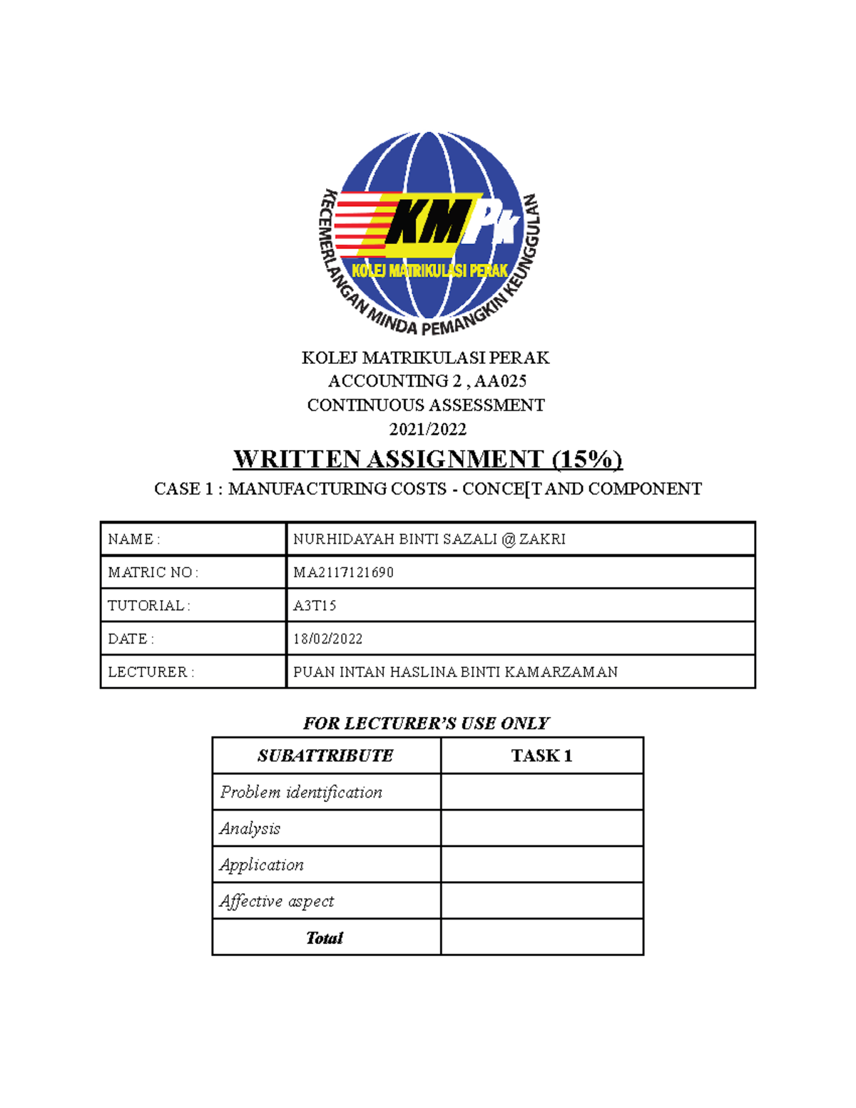 Continuous Assessment CASE 1 - KOLEJ MATRIKULASI PERAK ACCOUNTING 2 ...