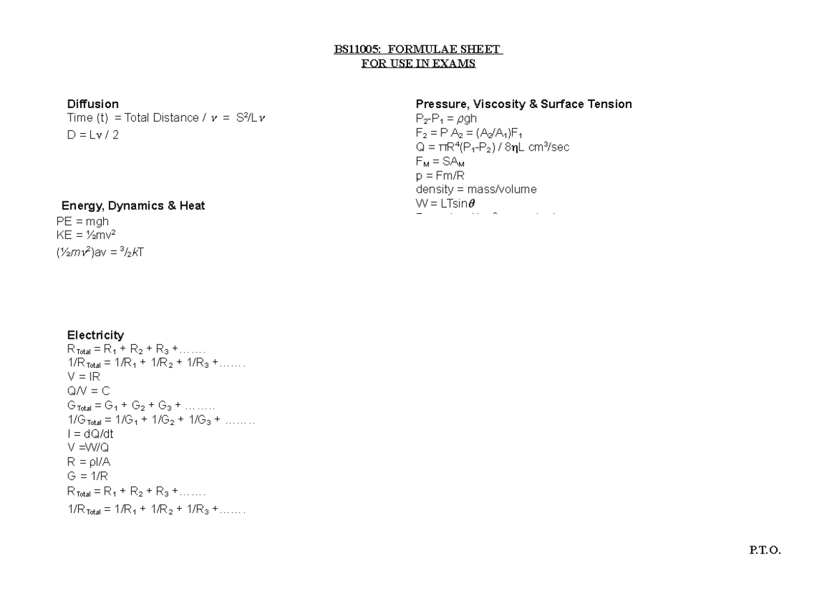 Formulae Sheet-BS11005 biochemistry notes - Med - Dundee - Studocu