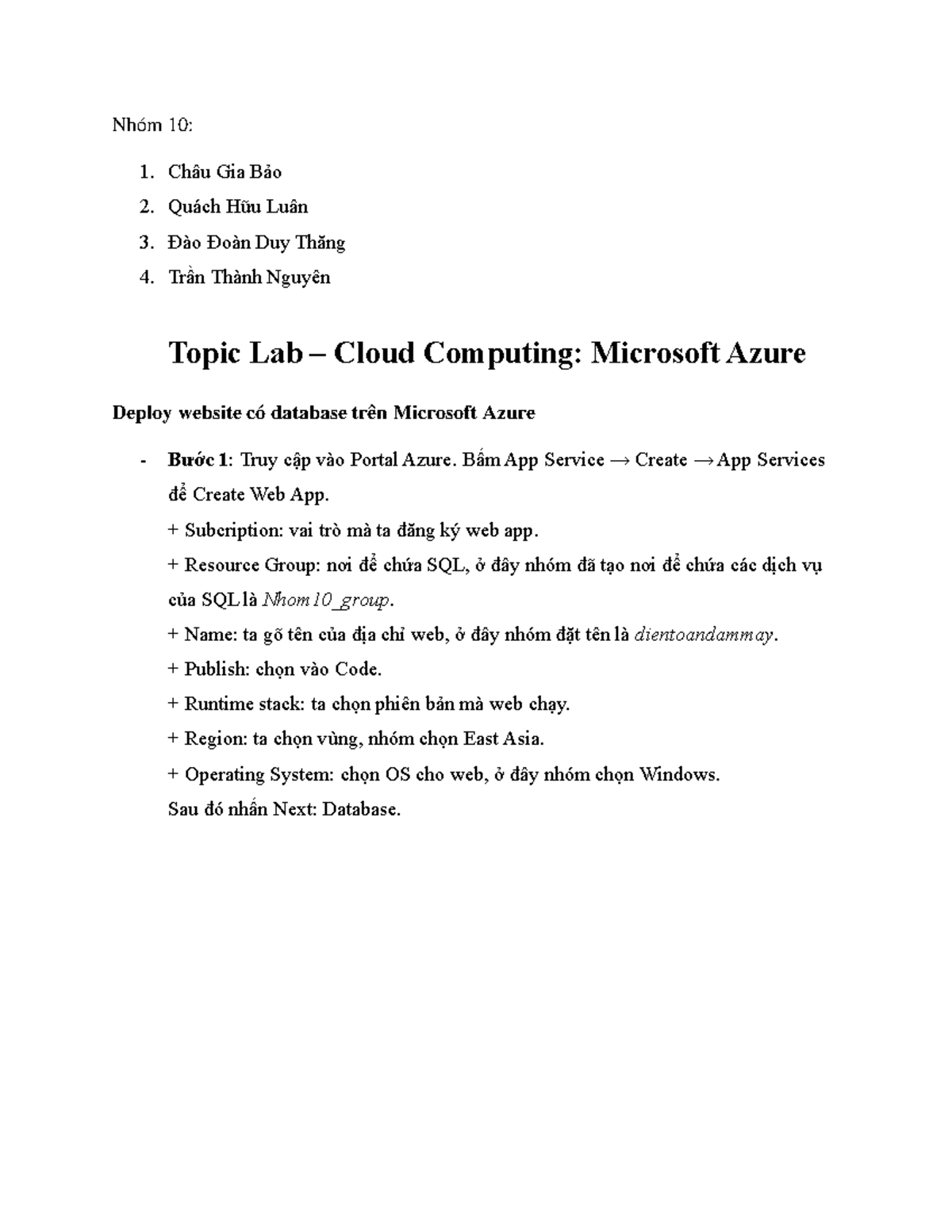 NHÓM 10 Microsoft Azure Lab3 - Nhóm 10: 1. Châu Gia Bảo 2. Quách Hữu ...