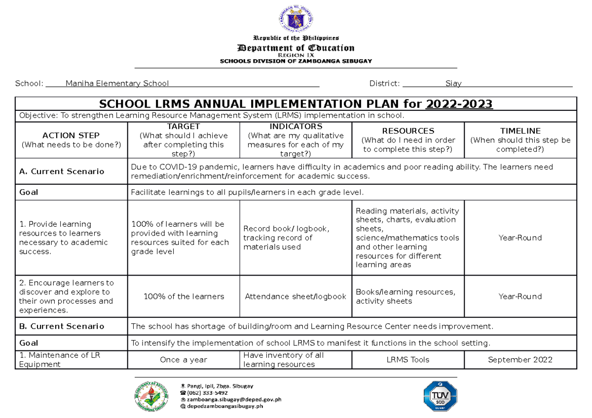 School LRMS Annual Implementation Plan SY 22 23Maniha ES School