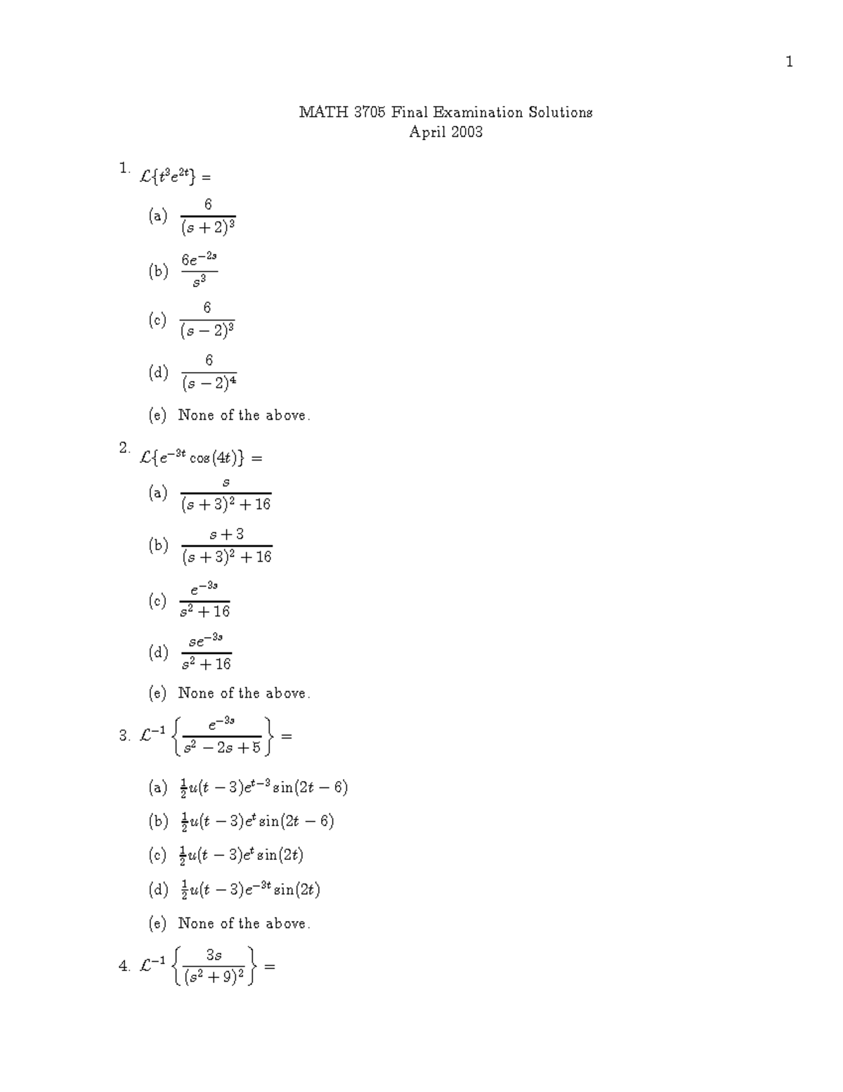 Final W2003 - MATH 3705 Final Examination Solutions April 2003 Lft 3 e ...