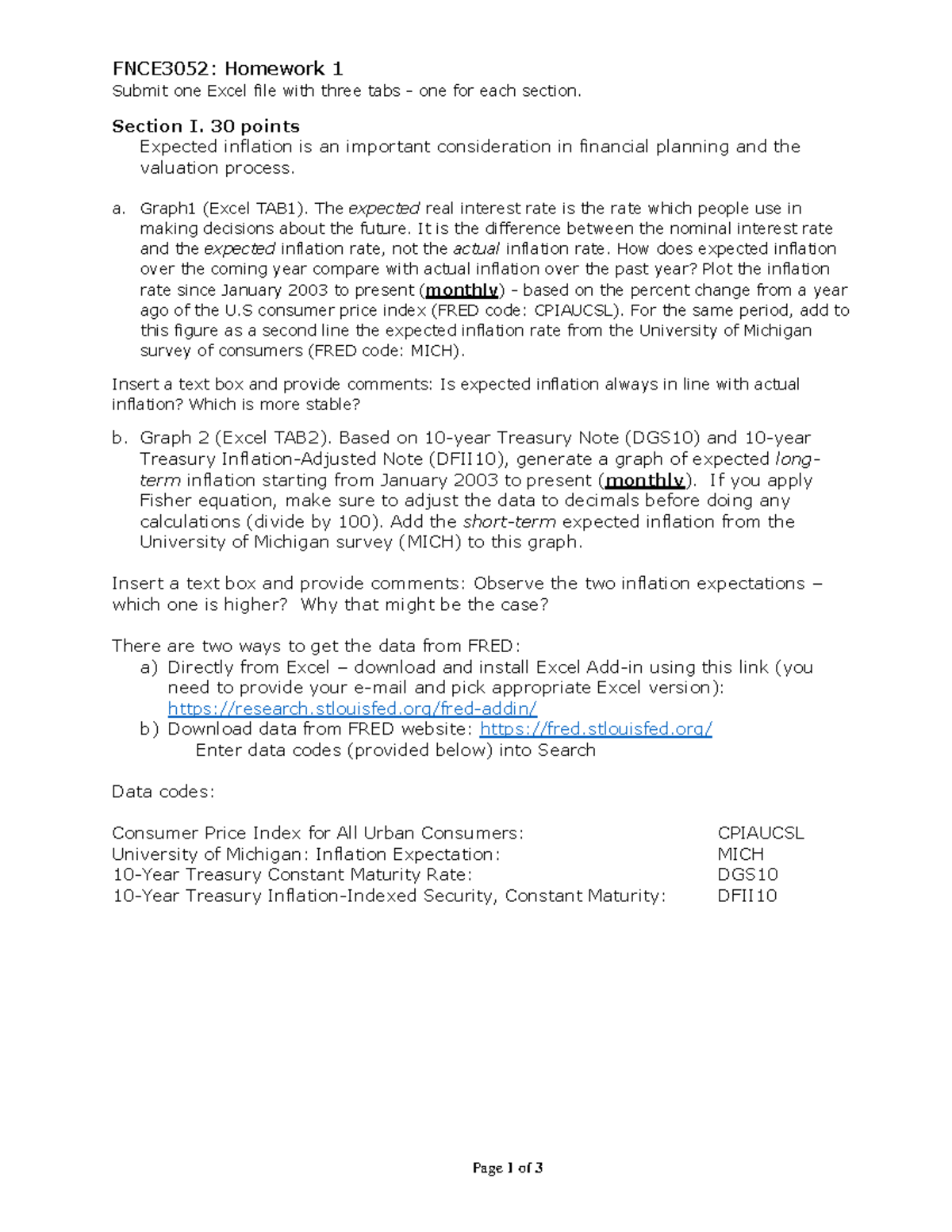 HW1 - Class assignments - FNCE3052: Homework 1 Submit one Excel file ...