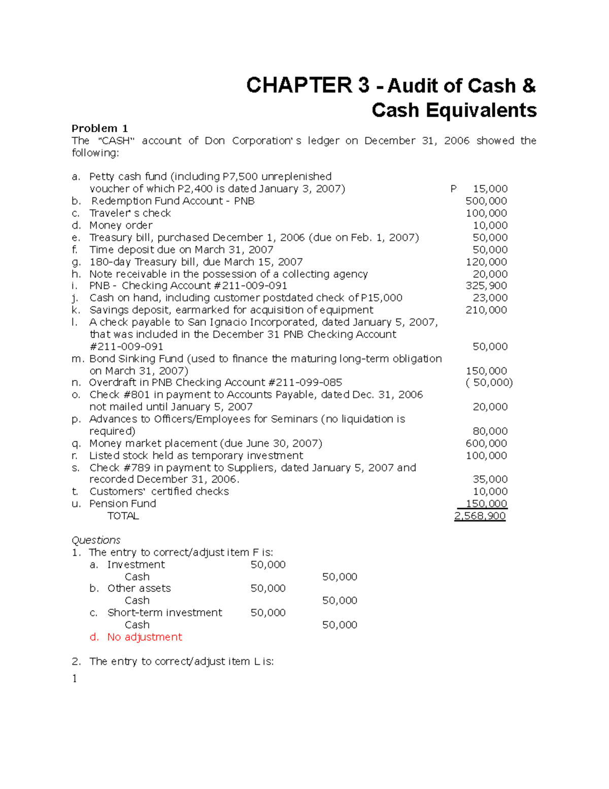 Chapter 3 Caselette - Audit of Cash and Cash Equivalents - CHAPTER 3 ...