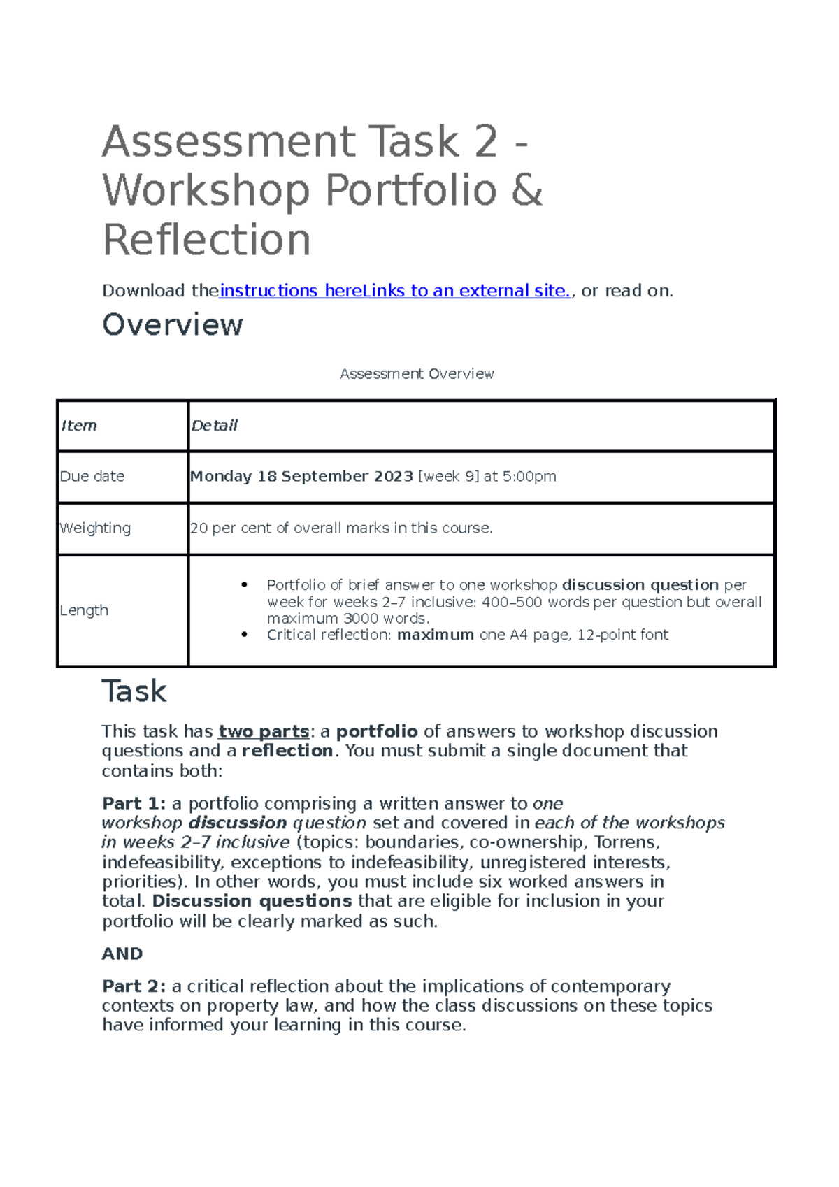 Property 2 reflection Task - Assessment Task 2 - Workshop Portfolio & Reflection Download - Studocu