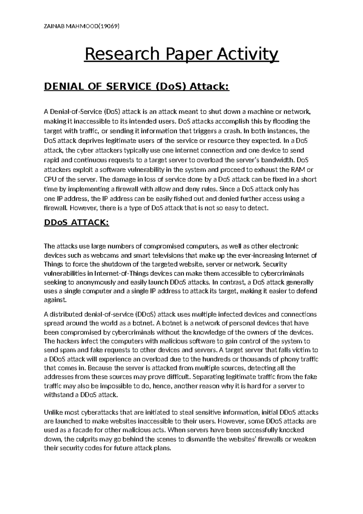 Research Paper Activity - ZAINAB MAHMOOD(19069) Research Paper Activity ...