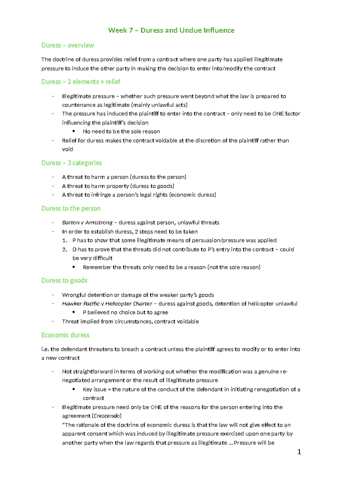 Week 7 summary - Week 7 – Duress and Undue Influence Duress – overview The doctrine of duress ...