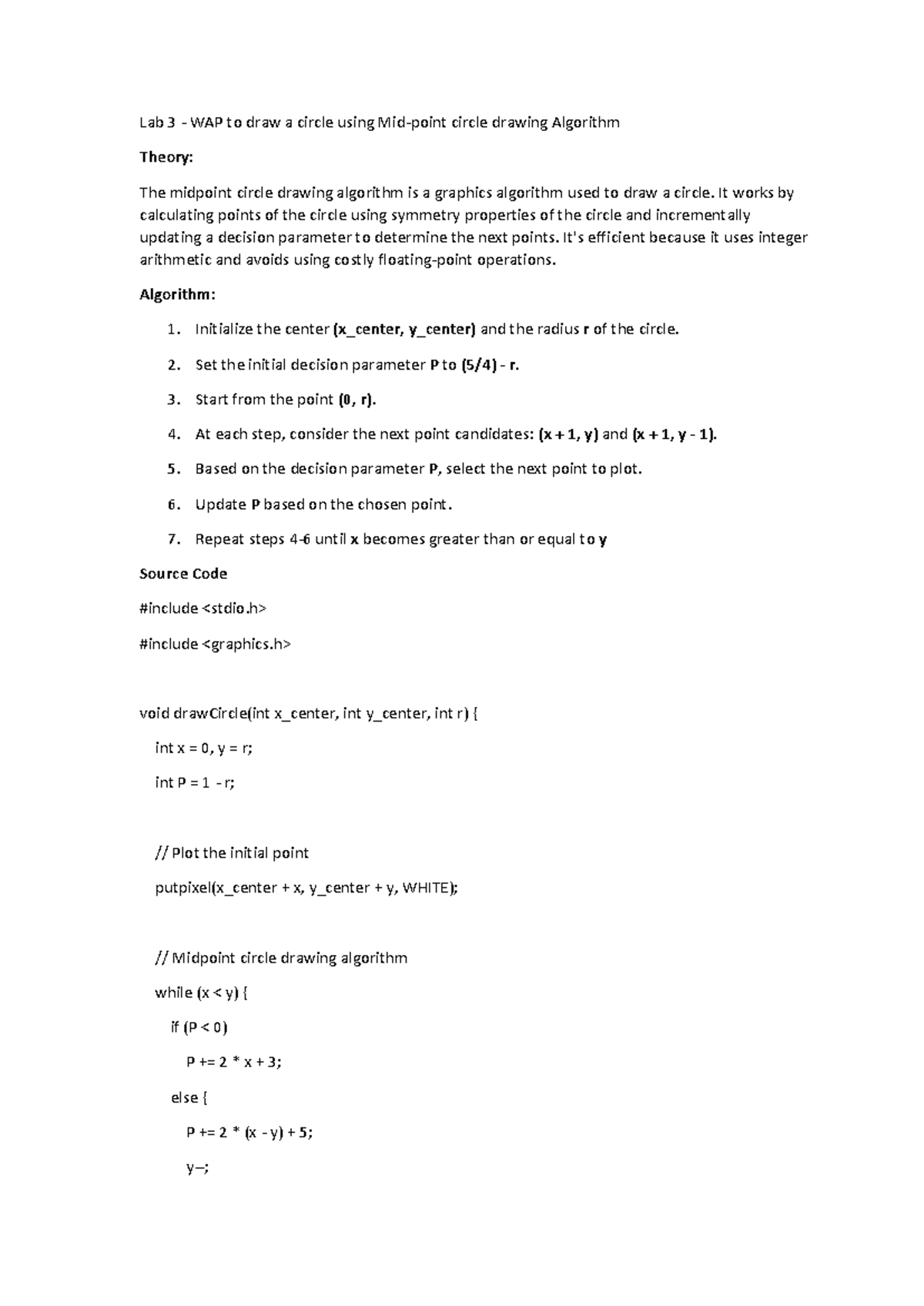Shital cg lab 3 - Lab 3 - WAP to draw a circle using Mid-point circle ...