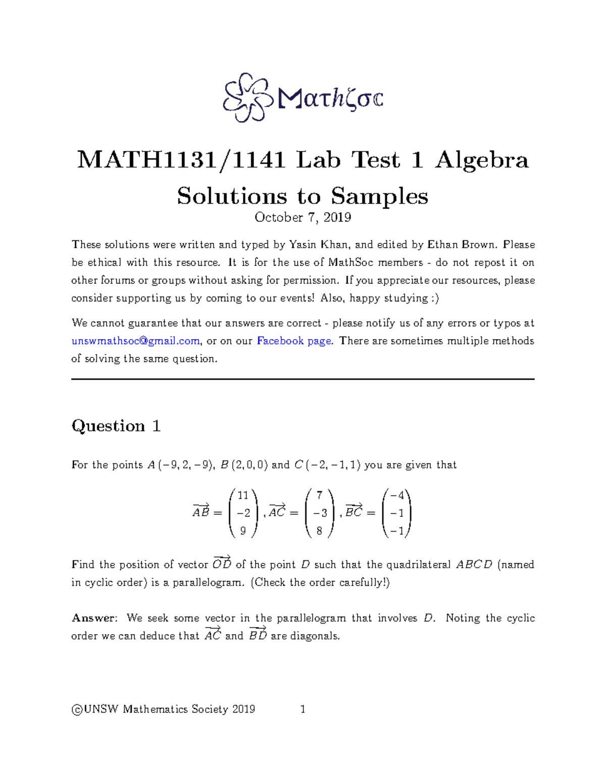MATH 1131 1141 Labtest 1 Algebra - MATH1131/1141 Lab Test 1 Algebra ...