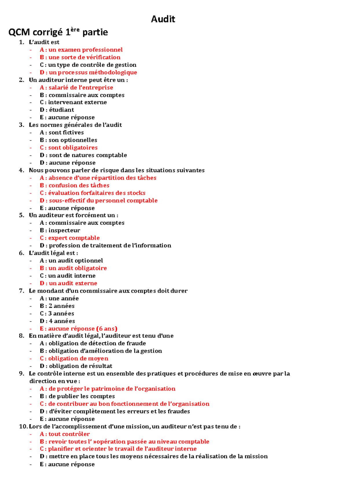 Audit QCM corrigés - 1ère partie - Audit QCM corrigé 1 ère partie 1. L’audit est - A : un examen ...
