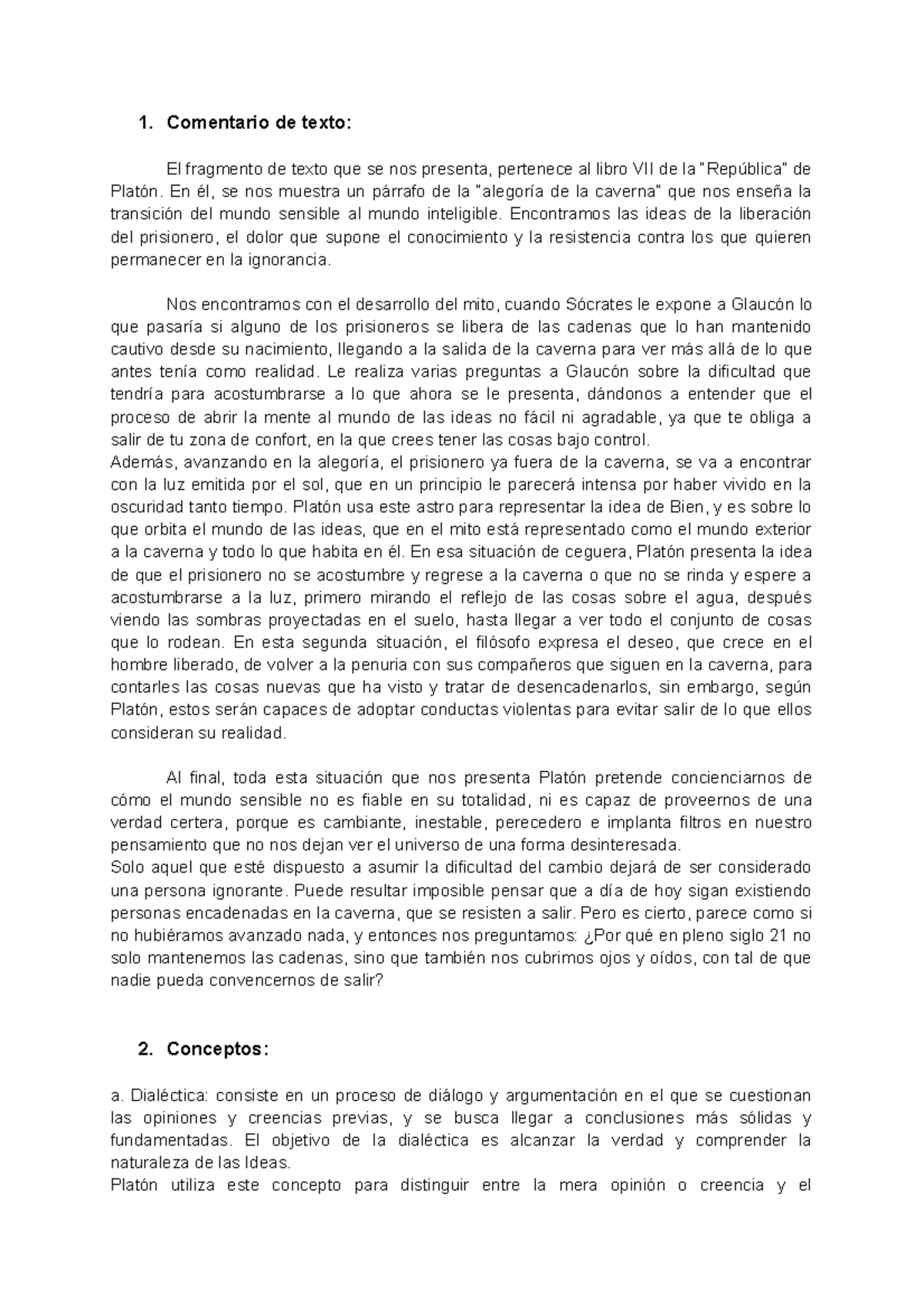 Platón (Aristocles) - 1. Comentario de texto: El fragmento de texto que ...