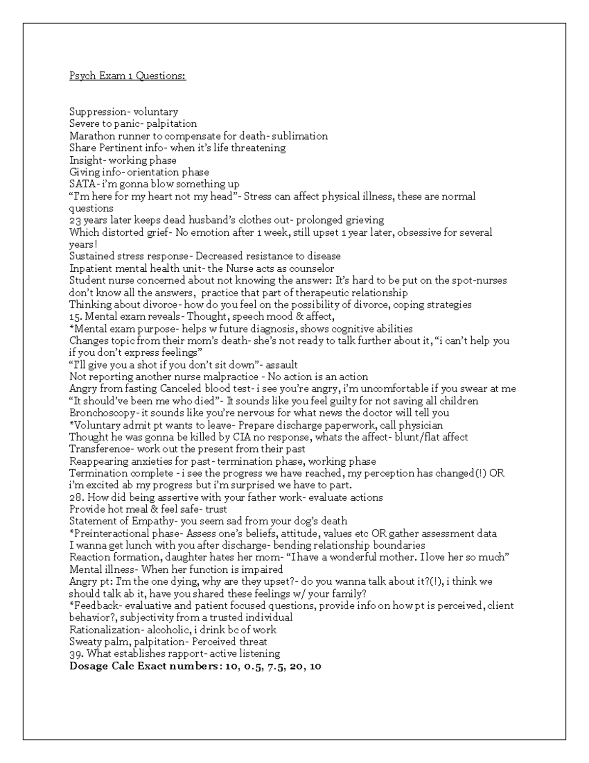 VS Psych Exam 1 Questions- Khan ACON - Psych Exam 1 Questions: Suppression- voluntary Severe to ...