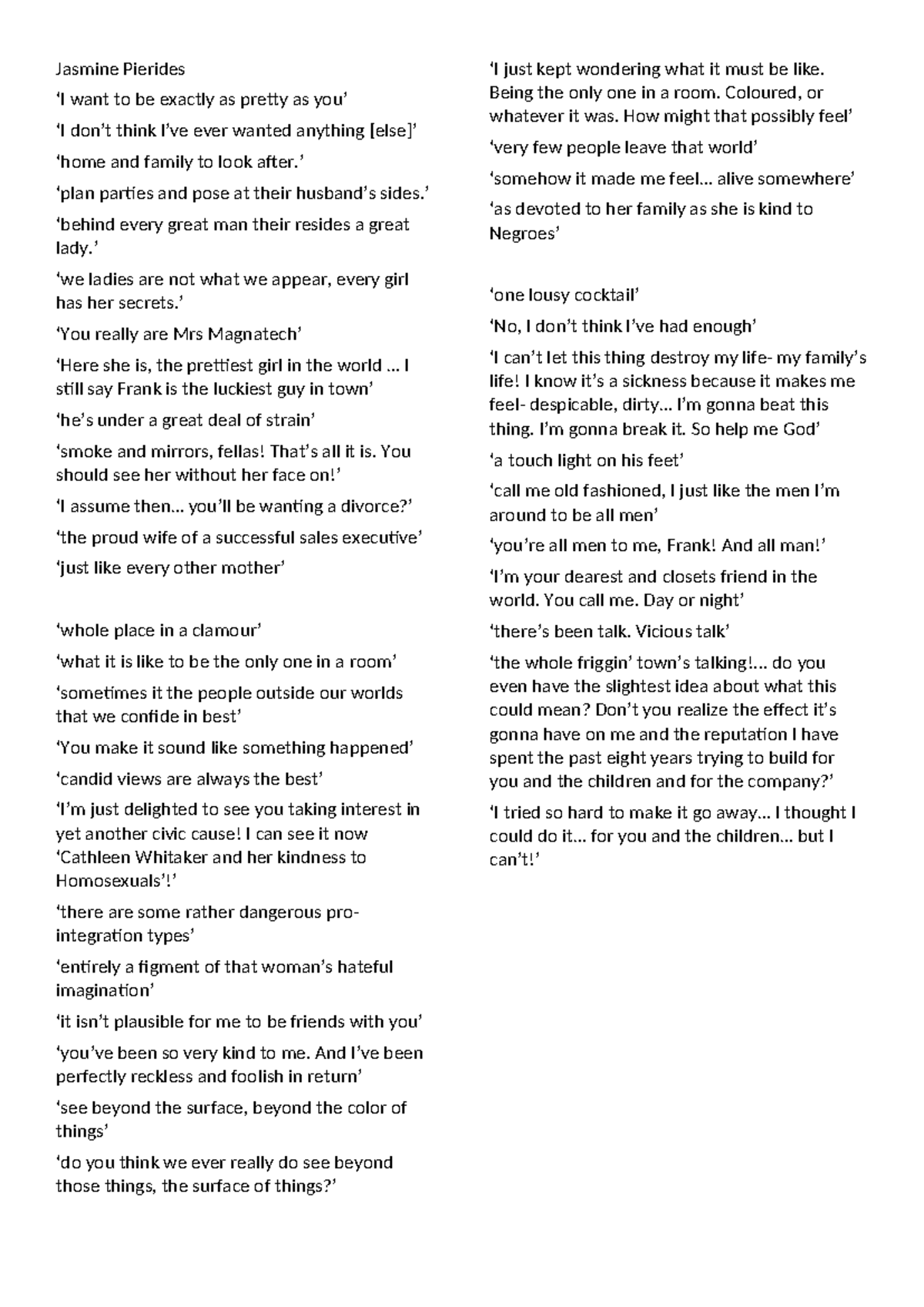 Comparative quote sheet - Jasmine Pierides ‘I want to be exactly as ...