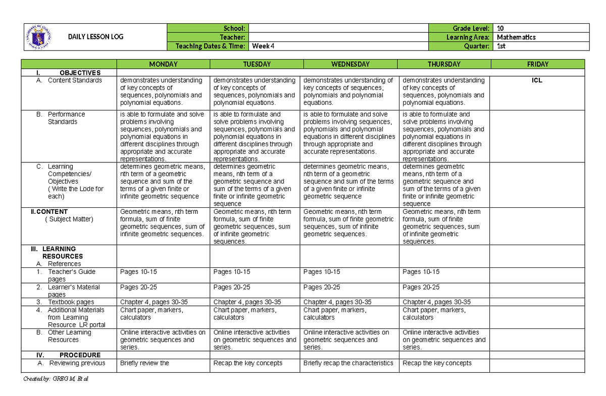 Math10 Wk4 - ddl - DAILY LESSON LOG School: Grade Level: 10 Teacher: Learning Area: Mathematics ...