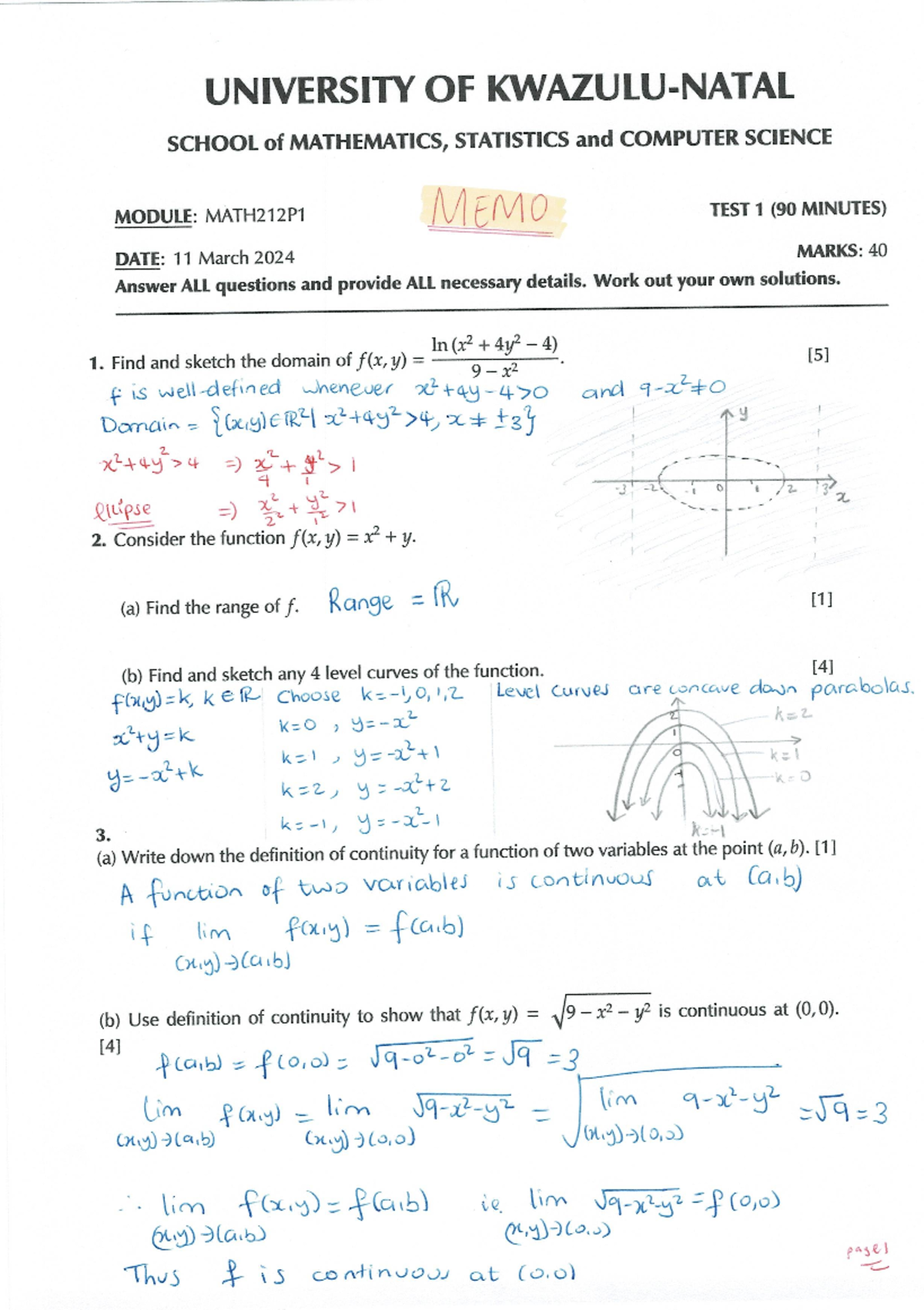 MATH251 TEST 1 MEMO 2024 - UNIVERSITY OF SCHOOL of MATHEMATICS ...