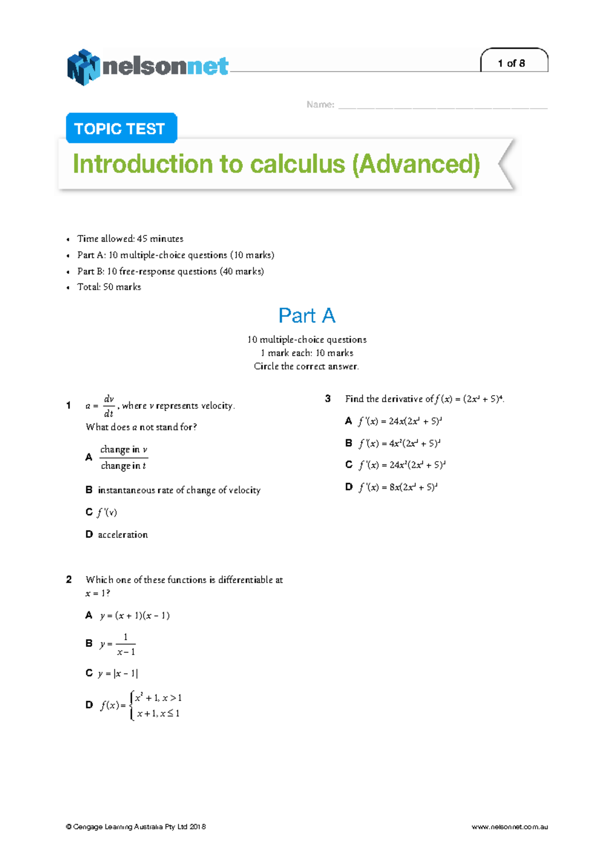 Year 11 - Calculus Topic Test Nelson Net - Name ...