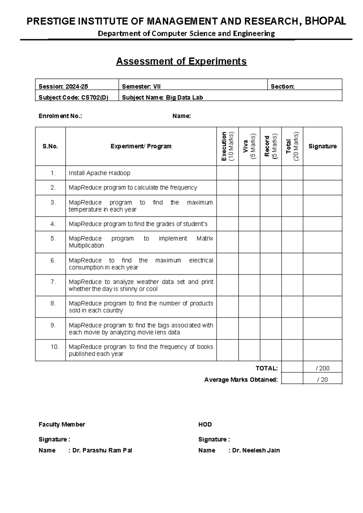 CS702 Big Data Lab Index - PRESTIGE INSTITUTE OF MANAGEMENT AND ...