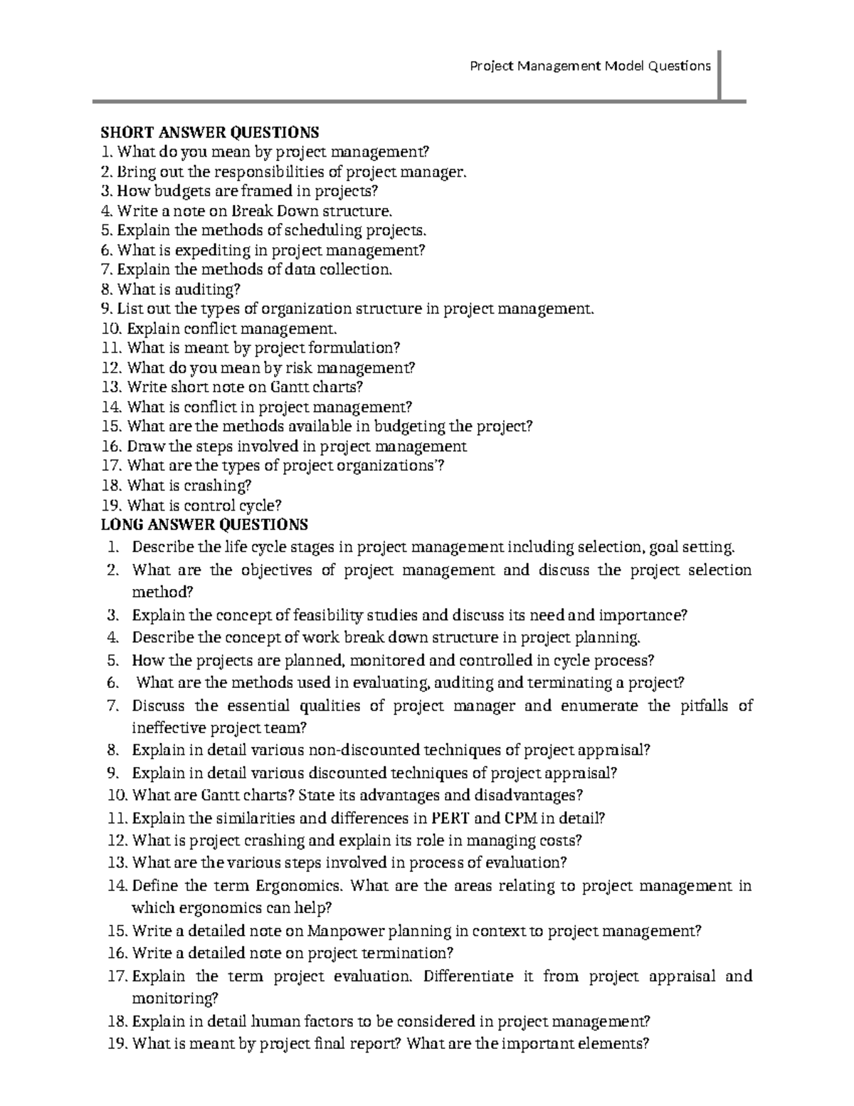 Project management Model Questions - Project Management Model Questions ...