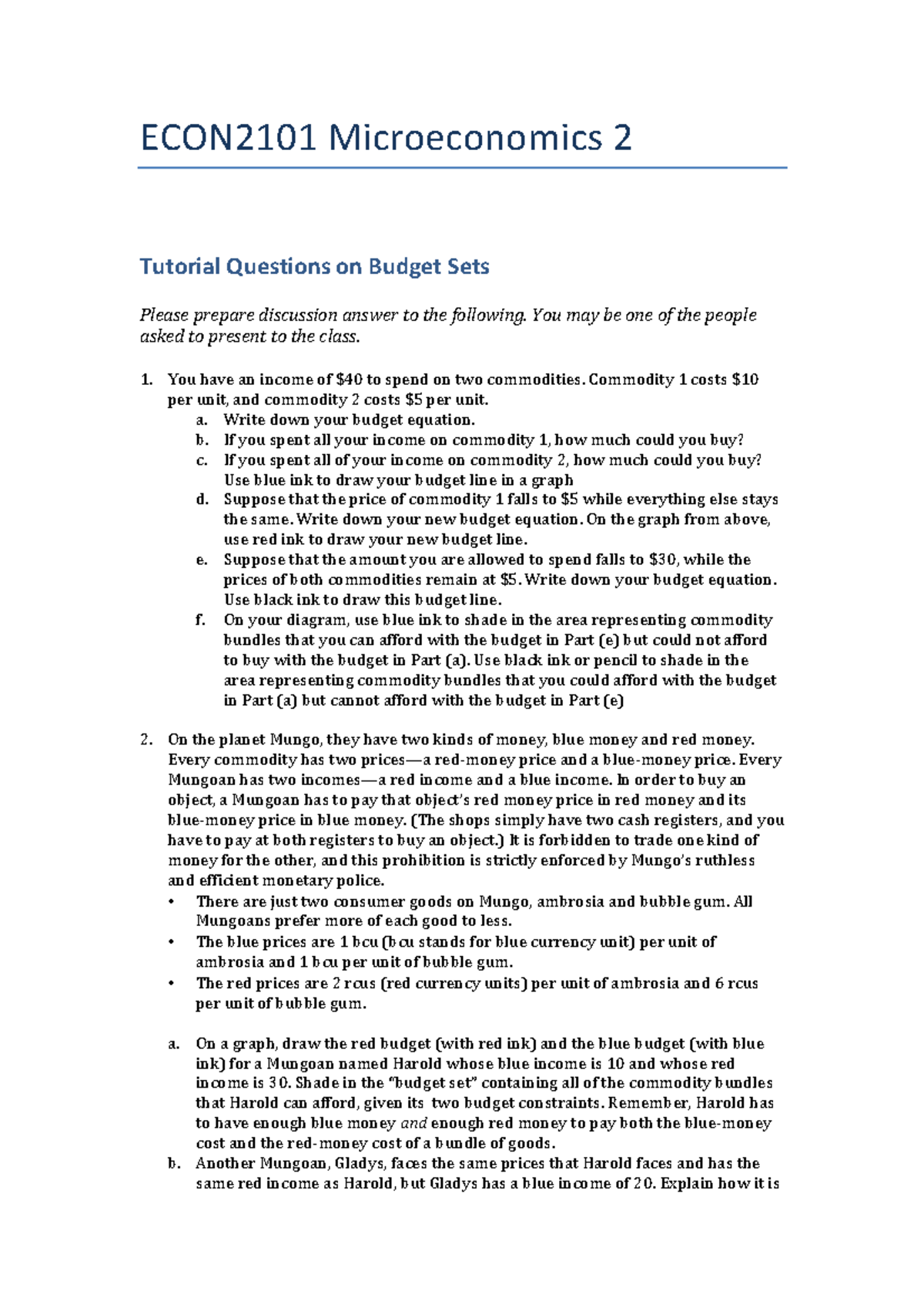 Wk 2 Tutorial Budget Sets - ECON2101 Microeconomics Tutorial Questions ...