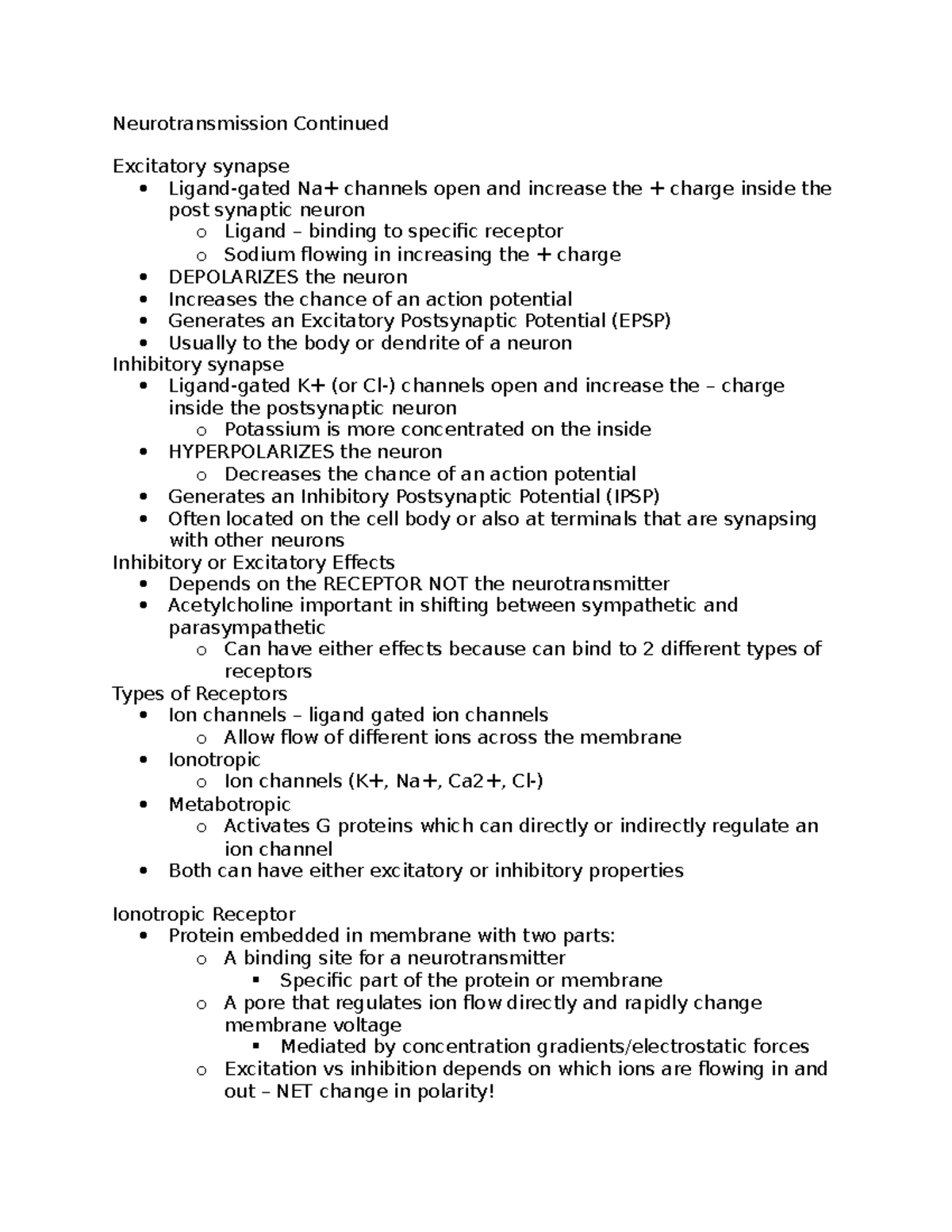 Neurotransmission Notes Continued - Neurotransmission Continued ...